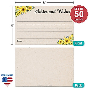 321Done Advice and Wishes Cards Sunflowers (50 Cards) 4x6 Rustic Kraft Watercolor Flowers for Wedding, Bridal, Retirement, Graduation, Anniversary - Made in USA - Tan