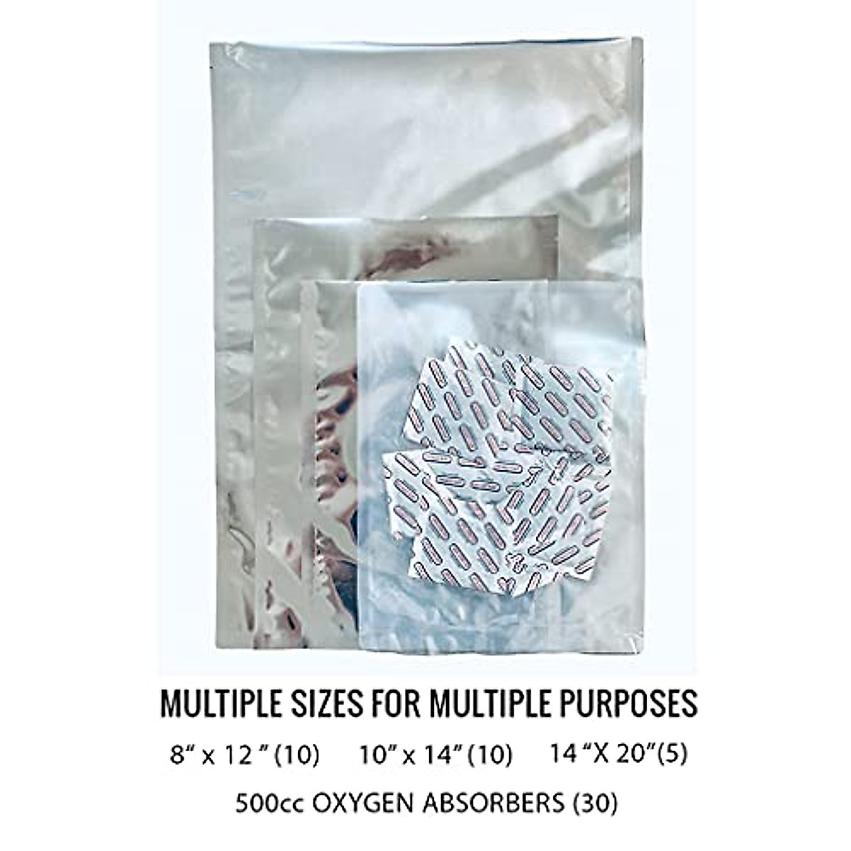 (25) Premium Quality 3 Size Mylar Bags for Food Storage (10 Mil) Thick Mylar Bags With Oxygen Absorbers 500cc for Bulk Food Preservation - Variety Pack, Quart, 1 Gallon, 2 Gallon Long Term Food Storage Bags (8 x12 Inch, 10 x 14 Inch, 14 x 20 Inch)