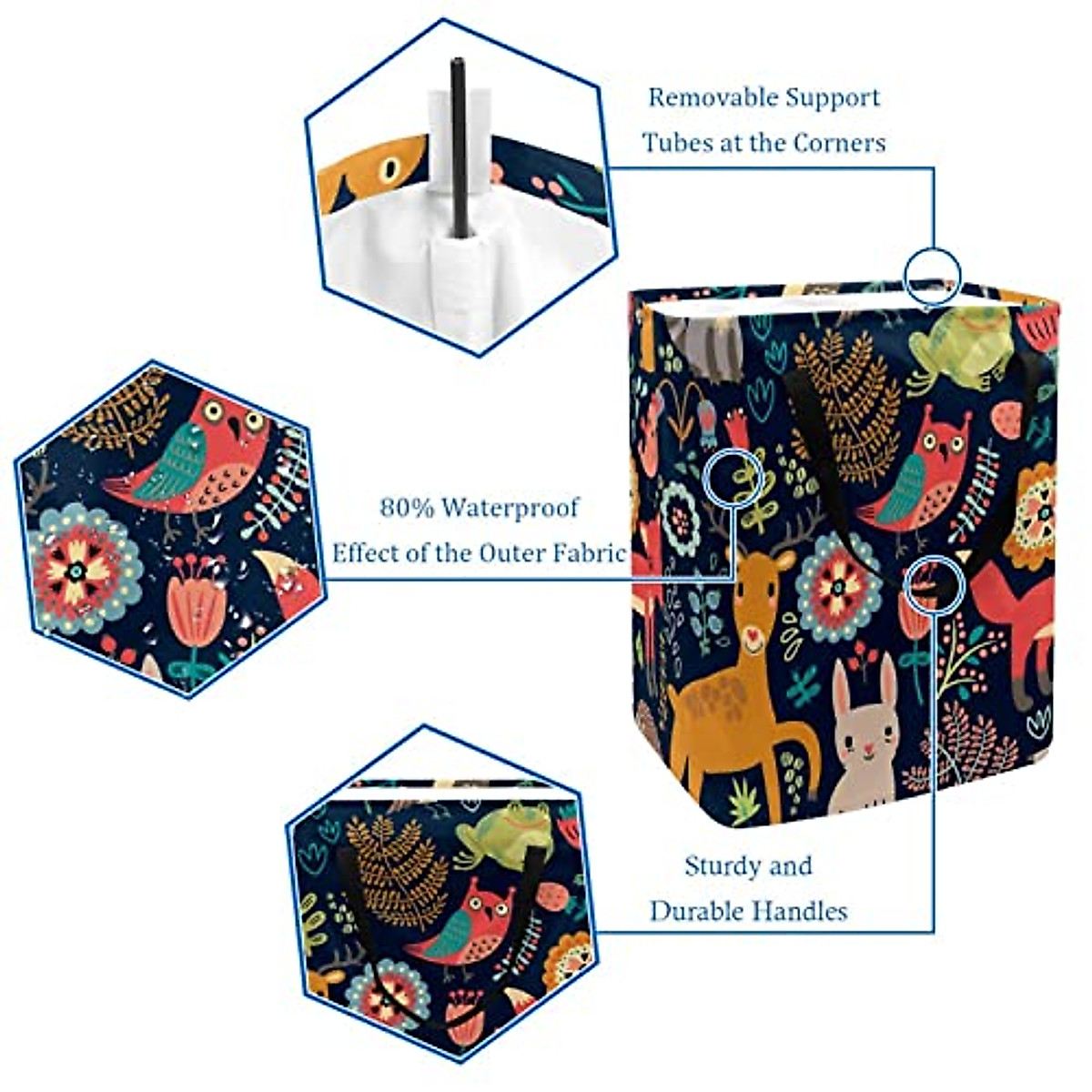 Forest Animals Owl Hedgehog Deer Fox Rabbit Print Collapsible Laundry Hamper, 60L Waterproof Laundry Baskets Washing Bin Clothes Toys Storage for Dorm Bathroom Bedroom