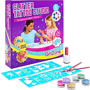 GirlZone Temporary Glitter Tattoos Kit for Girls, 33 Fun Pieces in 1 Sparkly Glitter Tattoos for Kids Kit, Easy to Apply and Remove Glitter Tattoo Kit for Kids Creative Playtime and Dress Up Parties