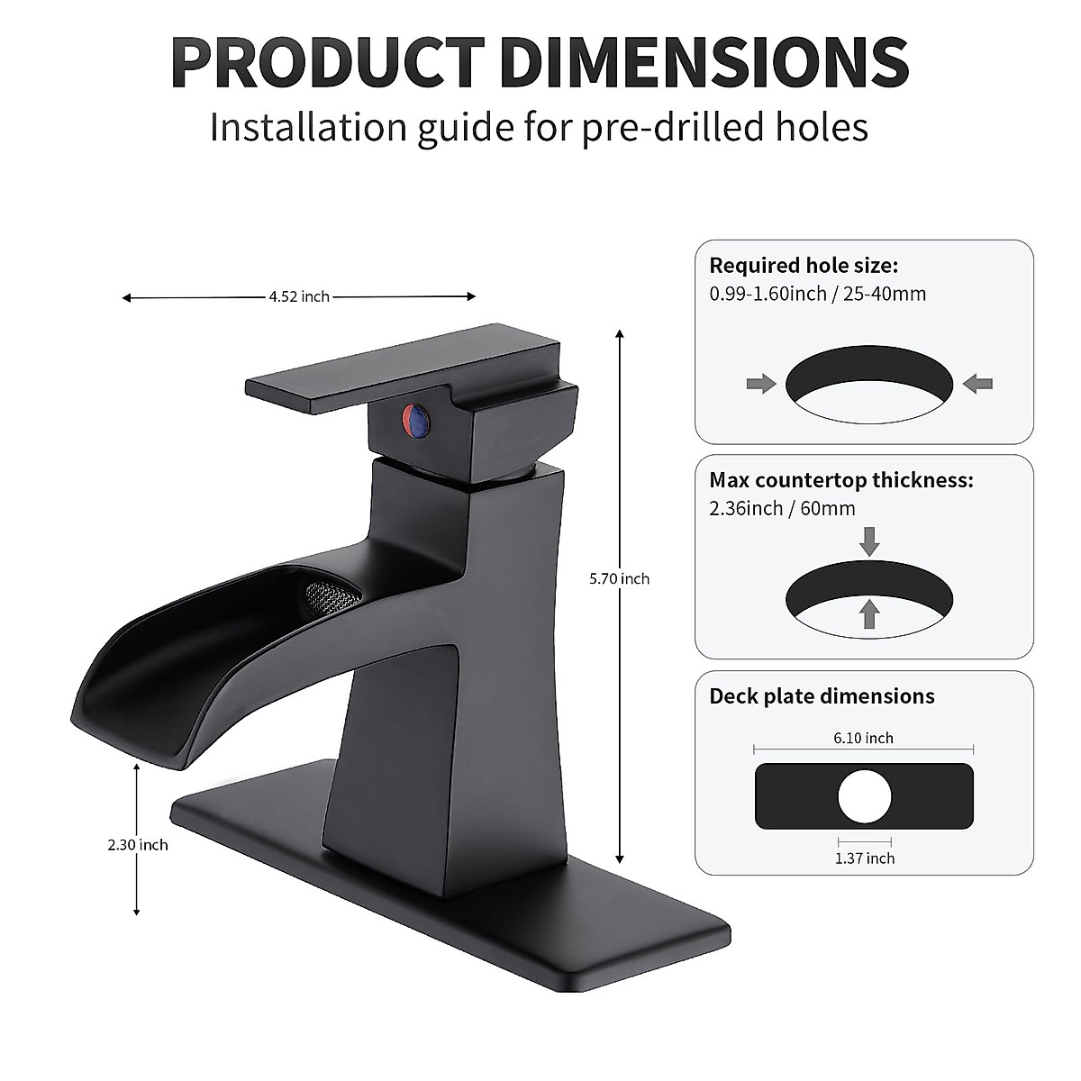 Sanliv Black Waterfall Bathroom Faucet, One-Handle Bathroom Faucets for Sink 1 or 3 Hole, Matte Black Vanity Faucet, Single Hole Restroom Sink Faucet with Pop Up Drain