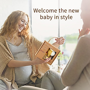 New Born Baby Gift Basket, Baby Boys Girls Shower Gifts with Wooden Rabbit Rattles, 6PCs New Born Essentials Bath Set with Baby Brush,Blanket,Milestones Cards