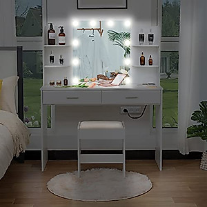 usikey Large Vanity Set with Lighted Mirror & Charging Station, Makeup Vanity Tables with 2 Drawers, 6 Shelves, 10 Embedded Light Bulbs, Vanity Desk with Cushioned Stool for Bedroom, White