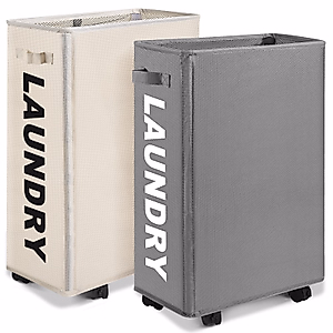 2 Pack Rolling Slim Laundry Basket Laundry Hamper with Wheels and Handle Foldable Waterproof Narrow Corner Clothes Storage Bins Tall Laundry Basket for baby's room/Laundry Room Etc,(42L,Beige+Grey)