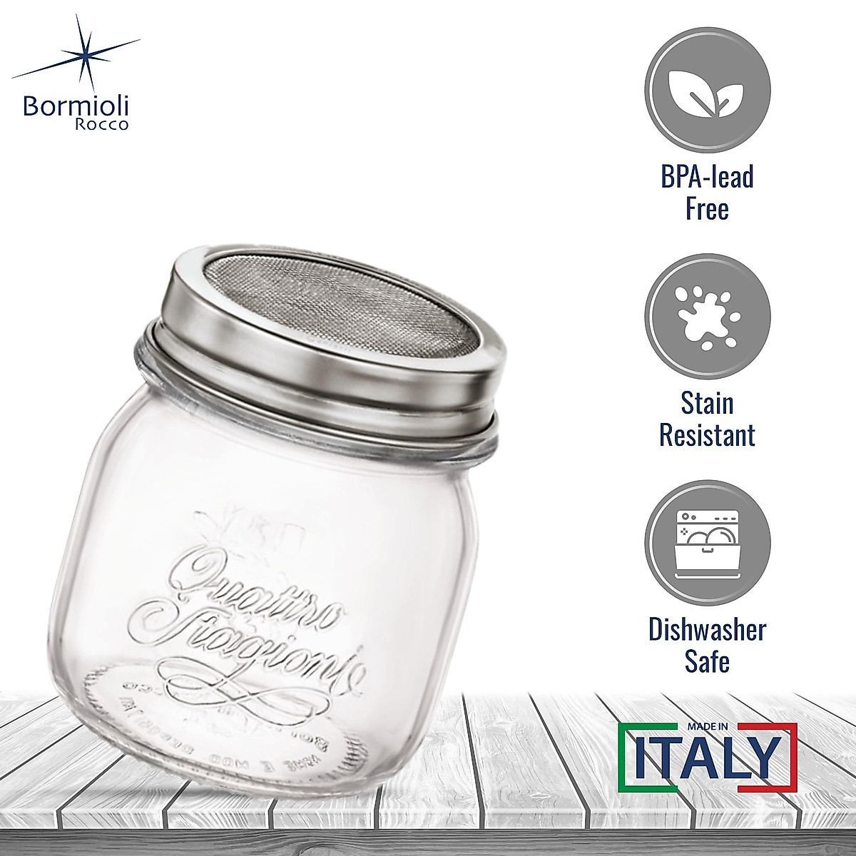 Bormioli Rocco Quattro Stagioni Set Of 2 Mason Jars, Stainless Steel Mesh Lid Sprouting Strainer - Sifter - Sieve Lid, 8.5 Oz. Durable Glass, Made In Italy.