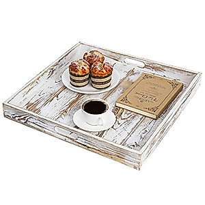 MyGift Whitewashed Wood Large Serving Tray with Handles, 19 Inch Square Decorative Tray for Ottoman, Breakfast, Tea, Coffee Table