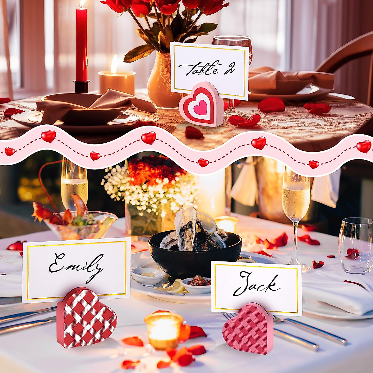 Qunclay 18 Pcs Valentine's Day Wooden Heart Place Card Holder Mini Heart Decor with 30 Pcs Gold Foil White Place Card Table Photo Number Sign Stand Holder for Place Setting Decoration(Bright Style)