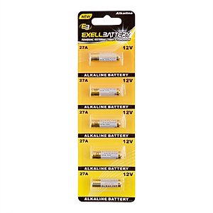Exell EB-27A Alkaline Battery for Key Fobs, Burglar Alarm Remotes, Garage Door Openers, and More (12 Volts, 18 Milliamp Hours) (5-Pack)