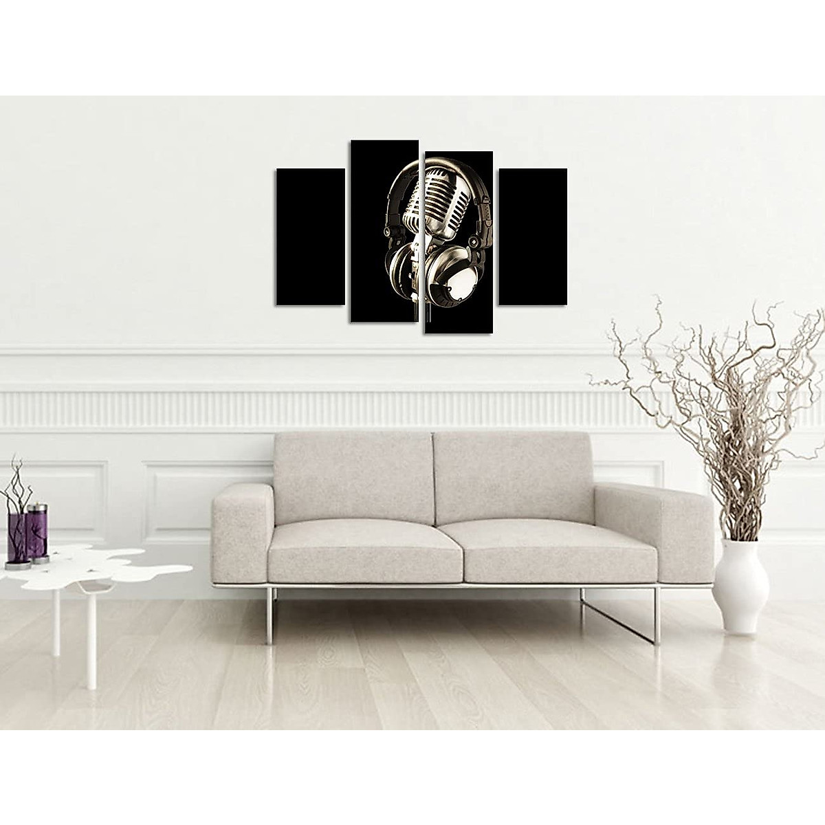 VVOVV Wall Decor Microphone Music Picture Canvas Print Headphone Canvas Wall Art Black and White Musical Painting Contemporary Music Room Decorations Framed Canvas Artwork Large 4 Panels