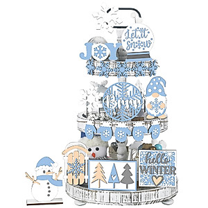 FairySandy 20 Pcs Tiered Tray Decor Snowflake Snowman Gnome Wooden Signs Winter Wonderland Table Centerpieces Rustic Farmhouse Tabletop Sign Decor for Party Home Christmas Holiday