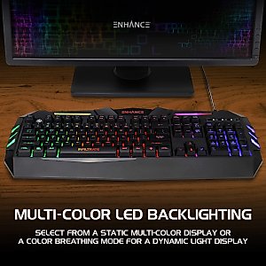 ENHANCE Infiltrate KL1 LED Gaming Keyboard - Multi Color Backlit Keyboard with 2 Lighting Modes, Spill Resistant Design, USB Braided Cable - 19 Key Rollover, Anti-Ghosting, & Multimedia Keys