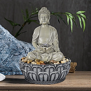BBabe 11.4inches Sitting Buddha Fountain, Led Indoor Waterfall Fountain Fengshui Meditation Relaxing Decor for Home Office