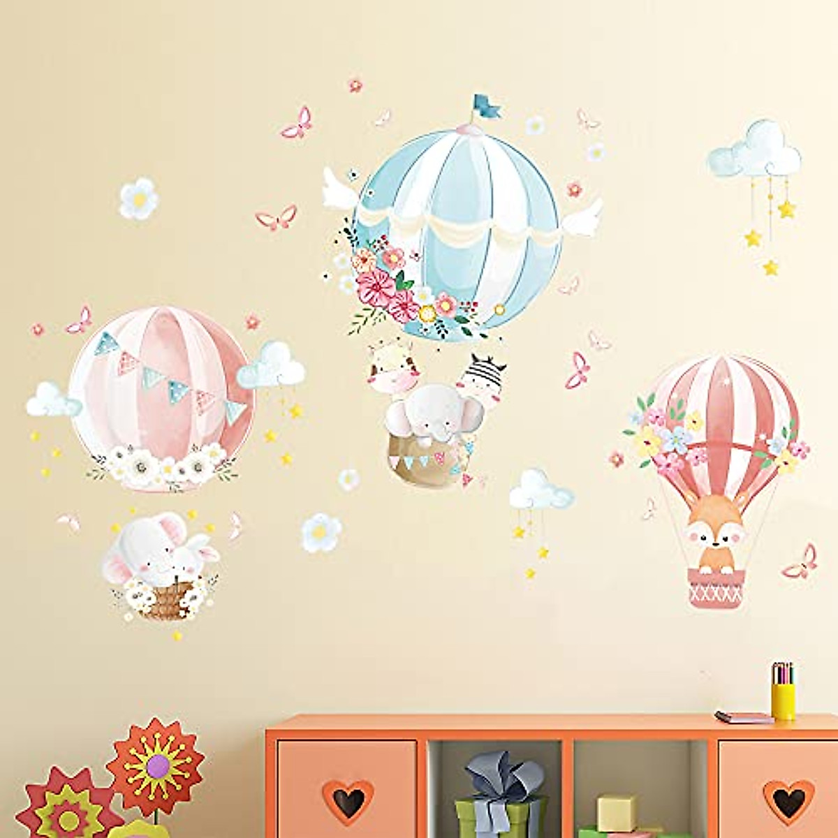 Supzone Hot Air Balloon Wall Sticker Cartoon Animal Wall Decal Fox Elephant Butterfly Wall Decor DIY Vinyl Mural Art for Kids Baby Nursery Bedroom Living Room Playroom