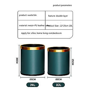 Luxury Metal Waste Bin 10L, Double Layer Trash Can PU Leather Covered Round Wastebasket Dust Bins for Kitchen Bathroom Hotel Office (MOLADI Green)
