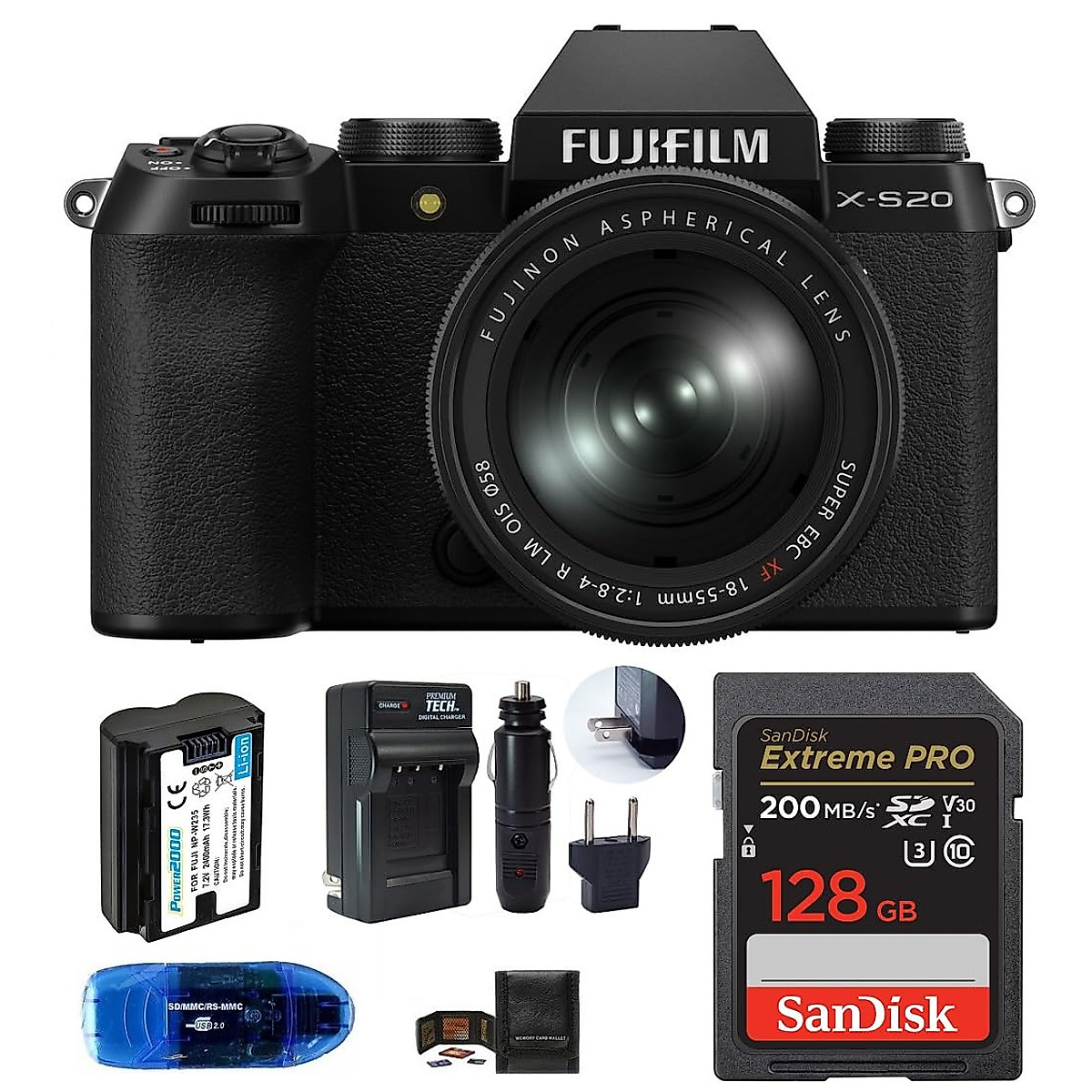 FUJIFILM X-S20 Mirrorless Digital Camera with 18-55mm Lens Bundle, Includes: SanDisk 128GB Extreme PRO Memory Card, Spare Battery and More (6 Items)