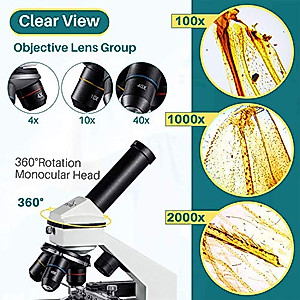 Microscope for Kid Student Adult, 100X-2000X Compound Monocular Microscope with Mechanical Platform Slides Set, Phone Adapter for School Home Education