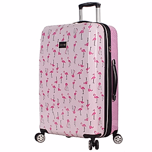 Betsey Johnson 26 Inch Checked Luggage Collection - Expandable Scratch Resistant (ABS + PC) Hardside Suitcase - Designer Lightweight Bag with 8-Rolling Spinner Wheels (Flamingo Strut)