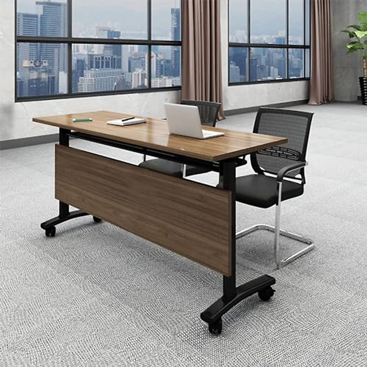 Conference Table Set of 3, Foldable Meeting Table Set with Modesty and Lockable Wheels, Meeting Seminar Table Multifunctional Computer Desk for Home, Office, Conference Room (55.11x19.68x29.52IN)