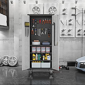 GangMei Garage Metal Storage Cabinet with Wheel for Home Garage/Adjustable Shelves, Lockable, Stiffener and Bumpers Design, Six Cabinets