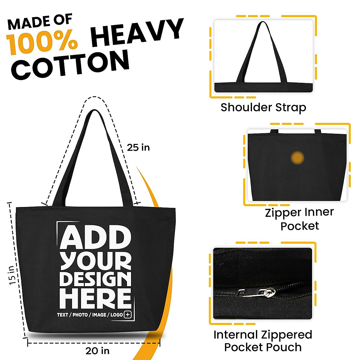 shop4ever Personalized Custom Design Your Own Heavy Canvas Tote with Zipper Reusable Shopping Bag Black 1 Pack