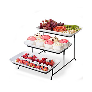 Delling 3 Tier Serving Tray for Dessert Table Display Set, 12 inch Tiered Serving Stand with Serving Dishes for Entertraining, Collapsible Sturdier Stand, White Serving Platters for Party Display Set