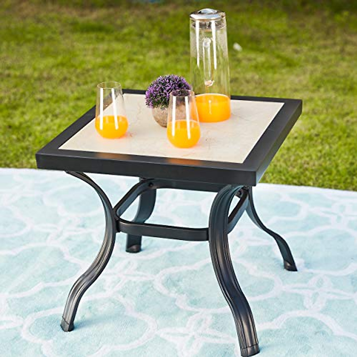 LOKATSE HOME 21" Outdoor Square Patio Dining Table Metal Steel Legs with Ceramics Top, Black