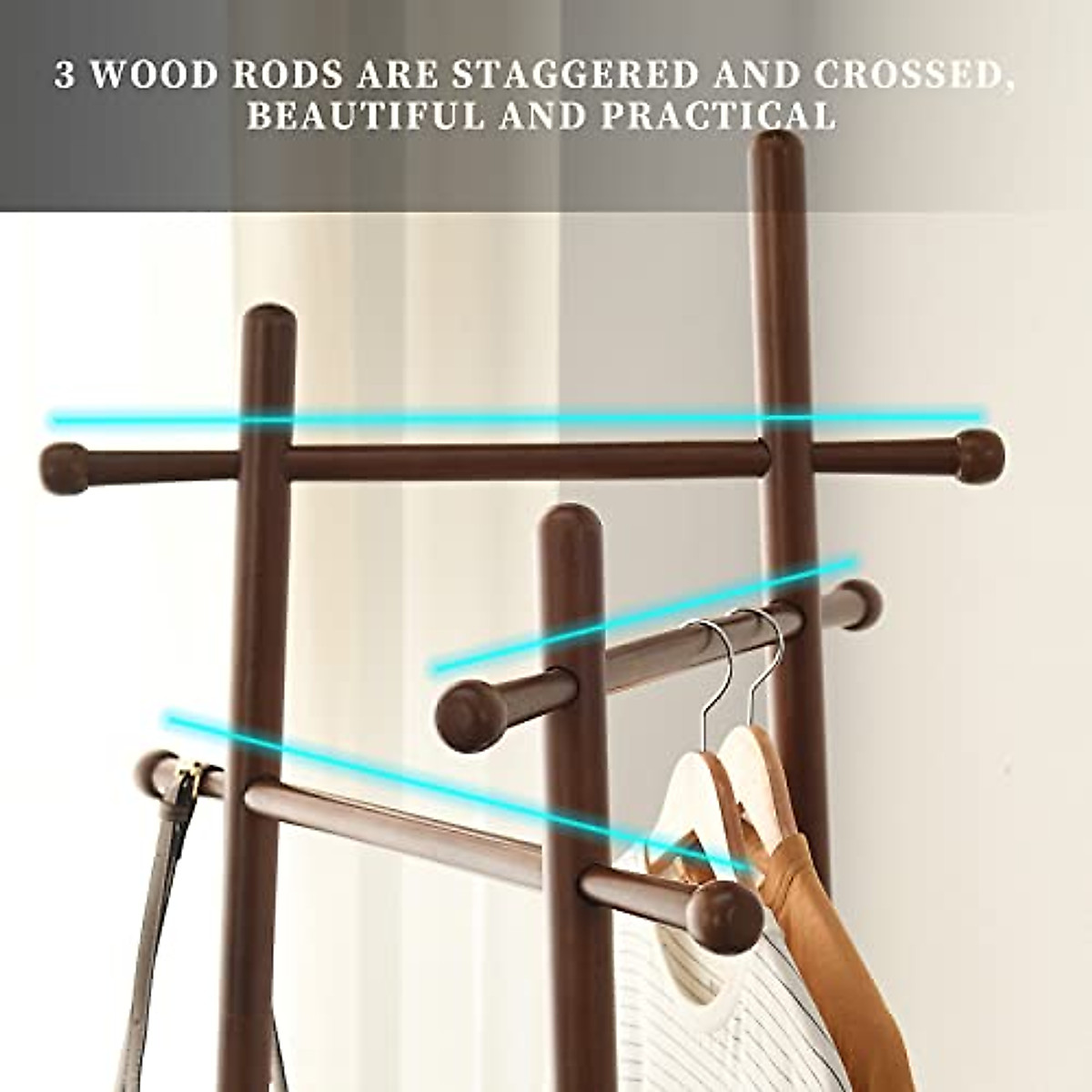 Aibiju Heavy Duty Coat Rack Freestanding,Wooden Coat Hanger Stand with Storage Shelf and 3 Crossbar, Coat Tree Easy to Assemble for Home Office Suits Jacket Hat Umbrellas Brown YD-1440