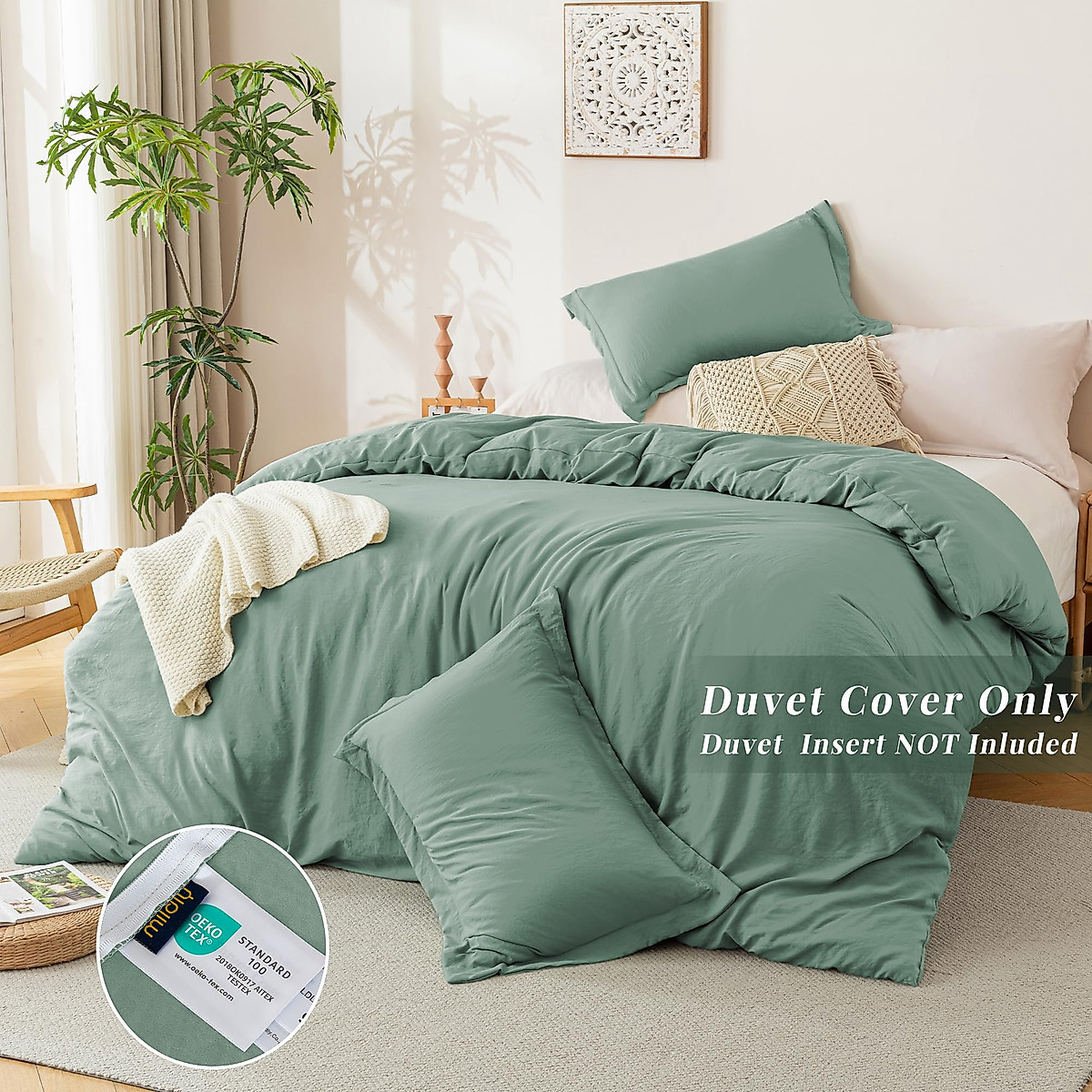 MILDLY Super Soft Duvet Cover - 100% Washed Microfiber Sage Green Comforter Cover Set 3 Pieces with Zipper Closure & Corner Ties (No Comforter)