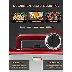 3-in-1 Sandwich Maker, 1200W Grill, Waffle and Sandwich Maker, 5 Speed Temperature Control, 3 Non-Stick and Removable Plates, Cold Touch Handle, LED Light Indicators, BPA Free, Red