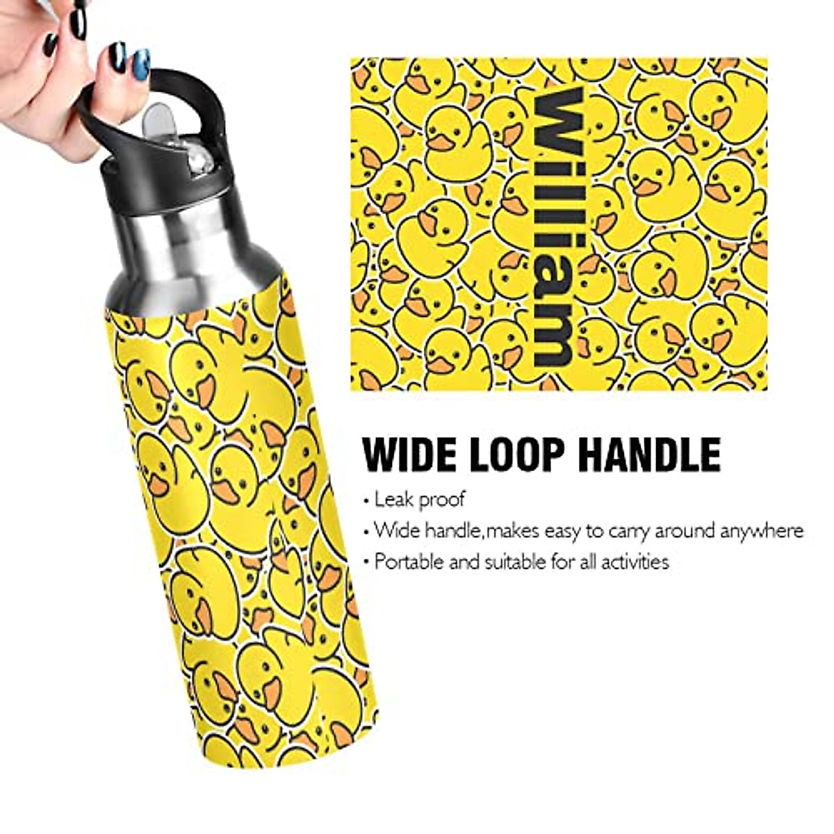 Rubber Duck Custom Insulated Water Bottle with Straw Lid Stainless Steel Personalized Vacuum Bottles with Handle for Hiking Camping 20 oz BAP-Free