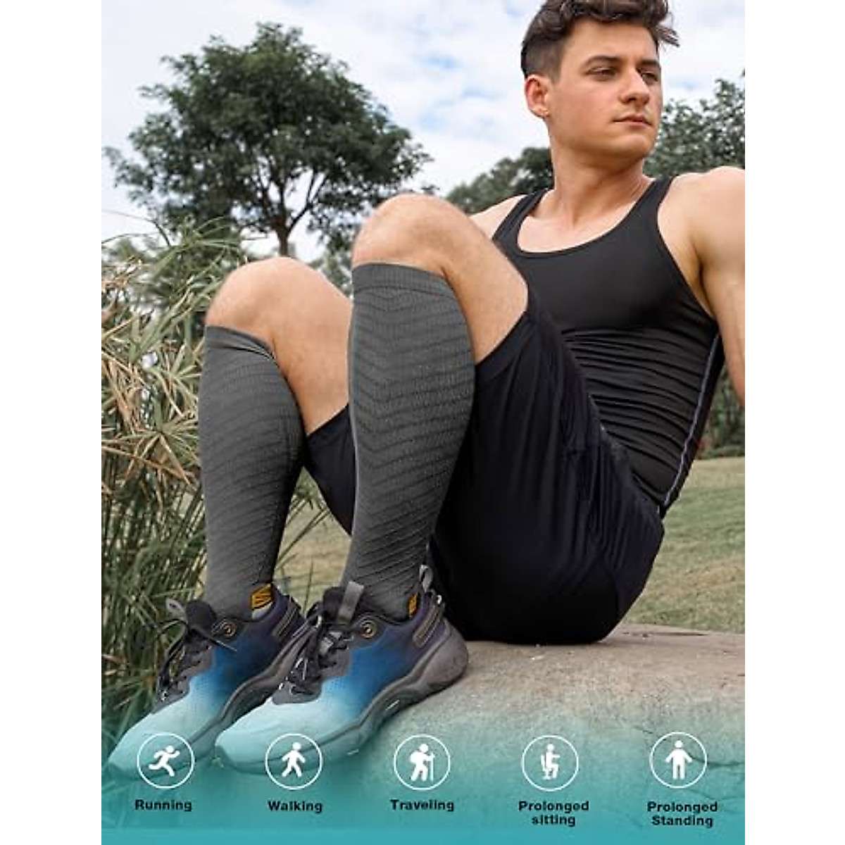 SONORAN 6 Pairs Compression Socks for Men & Women 20-30 mmHg Graduated Compression Socks Knee High Best Support for Running, Travel, Athletic L/XL（Gray Yellow）