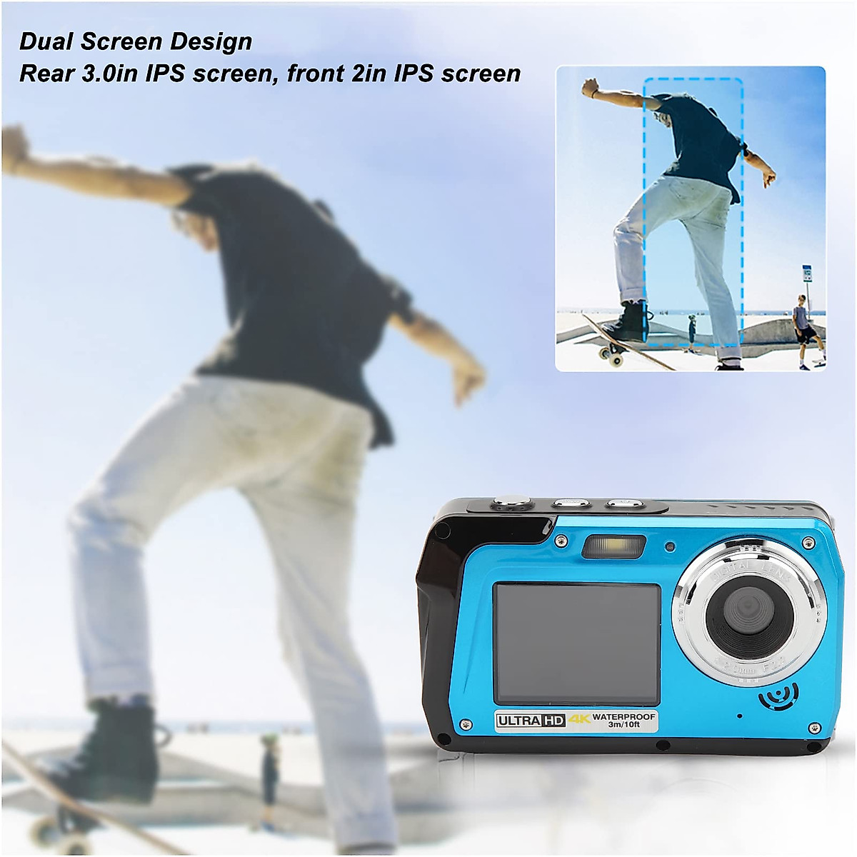 Dual Screen Digital Camera, 4K 30Fps 56MP 18X Video Recording Camera Built in Microphone, Dual Screen, Continuous Shooting, 10ft Waterproof, with 1700mAh Battery