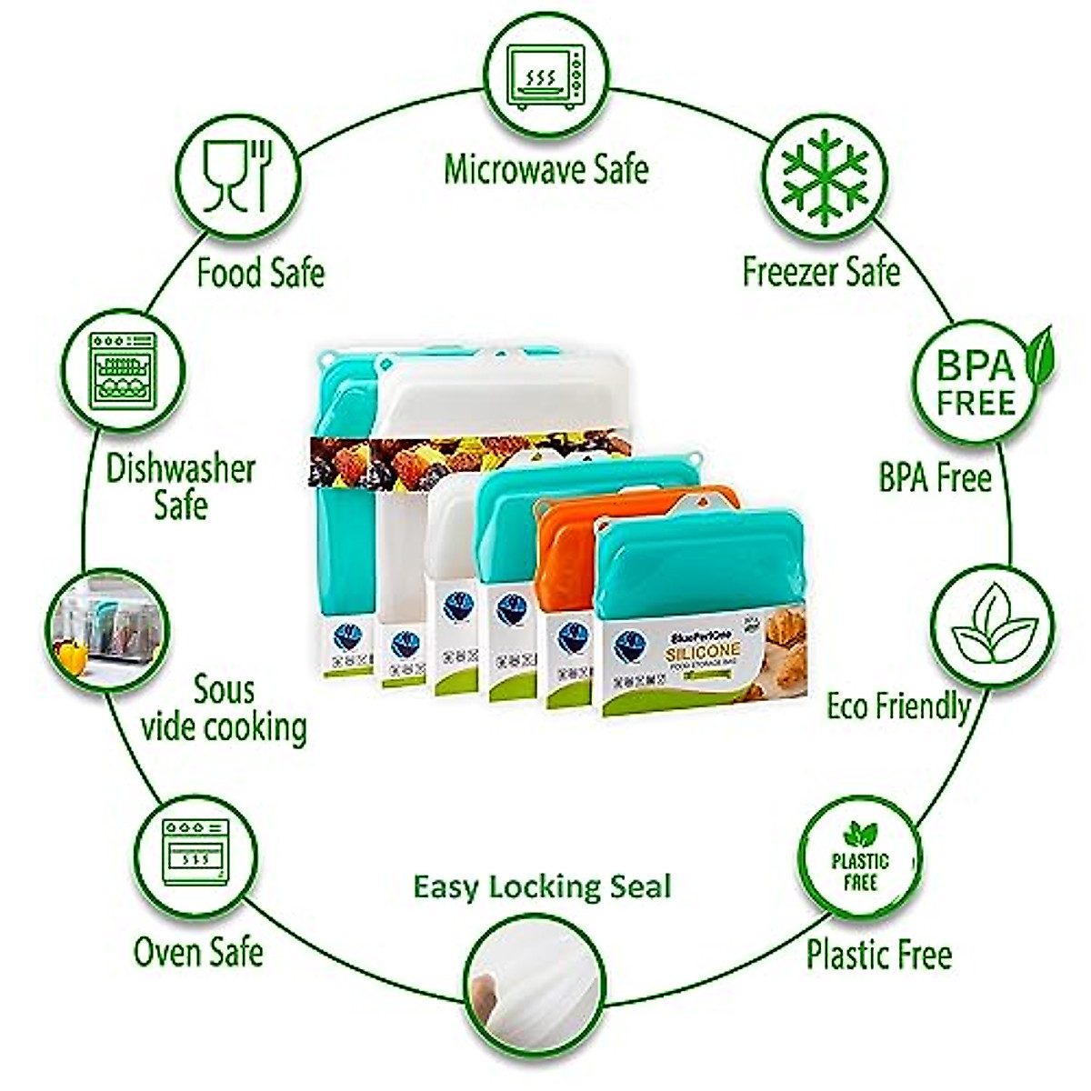 BluePerlOne Two-30 oz. 100% Silicone Reusable Food Storage Bags (2 Pack) - Eco-friendly, Food-Grade, Leak-Proof Zipper Bags - Microwave, Oven, Sous Vide, Dishwasher & Freezer Safe (4 Cups/ 30 oz.)