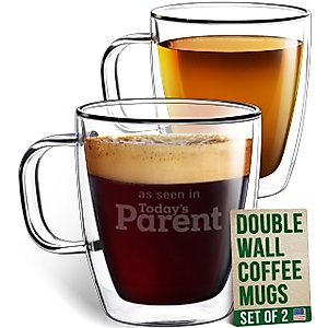 Eparé 12 oz Glass Coffee Mugs - Set of 2 - Clear Double Wall Glasses - Insulated Glassware With Handle - Large Espresso Latte Cappuccino or Tea Cup