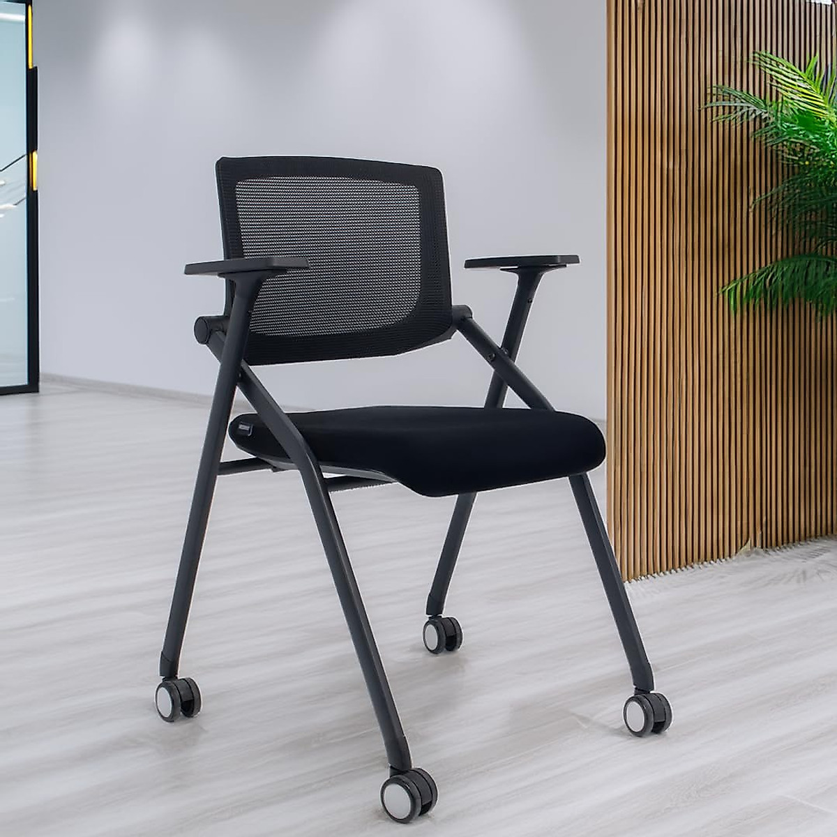 [2 Pack] Stackable Conference Room Chairs with Wheels and Paddle, Ergonomic Mesh Back and Arms for Meeting, Conference, Reception, Training Room & Home Office Desk Folding Chairs