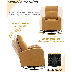 Luccalily Swivel Rocking Chair for Nursery, Upholstered Glider Nursery Chair with Breathable Fabric for Bedroom, Living Room, Yellow