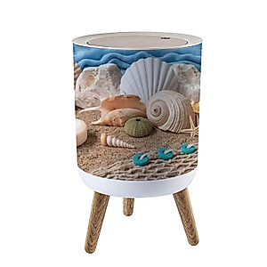 Small Trash Can with Lid for Bathroom Kitchen Office Diaper decoration Seashells shell a sea urchin a beach sand are decorated Bedroom Garbage Trash Bin Dog Proof Waste Basket Cute Decorative