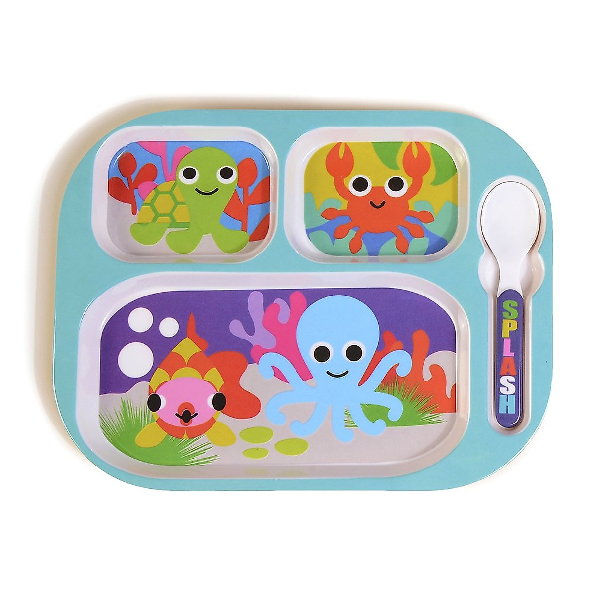 French Bull 11" Kids Everyday Tray - Divided Tray and Spoon Set, Ocean Animals (74412)