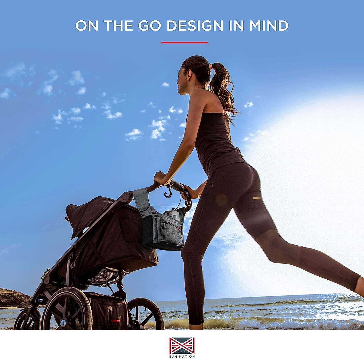 Bag Nation Universal Stroller Organizer Caddy Featuring Cup Holders, Large Main Pocket Compatible with Uppababy, Baby Jogger, Britax, Bugaboo, BOB, Umbrella and Pet Stroller - Grey