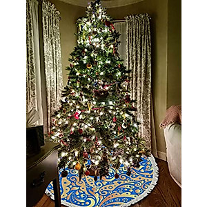 Kuizee Christmas Tree Skirt 30 Inch Xmas Tree Ornament Blue Golden Luxury Deco Xmas Party Decoration Tassels Christmas Party Supplies Christmas Tree Base Cover
