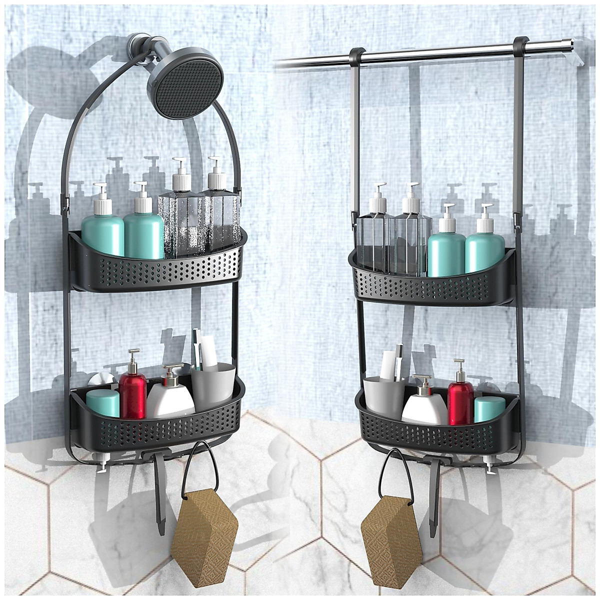 EMT ETRENDS Shower Caddy Hanging, Anti-Swing Over Head Shower Caddy Rustproof, Over the Door, Plastic Bathroom Organizer, Multiple Hanging Modes Shelf with Hooks and Suction Cups, Matte Grey