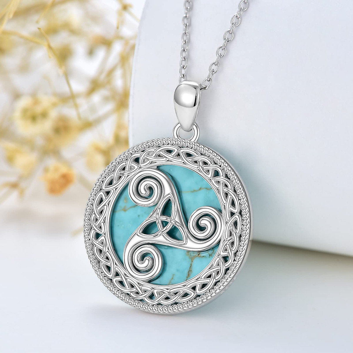 BETHZA Triple Spiral Celtic Necklace 925 Sterling Silver Genuine Turquoise Irish Knot Pendant Lucky Jewelry Gifts for Women Christmas St. Patrick's Day
