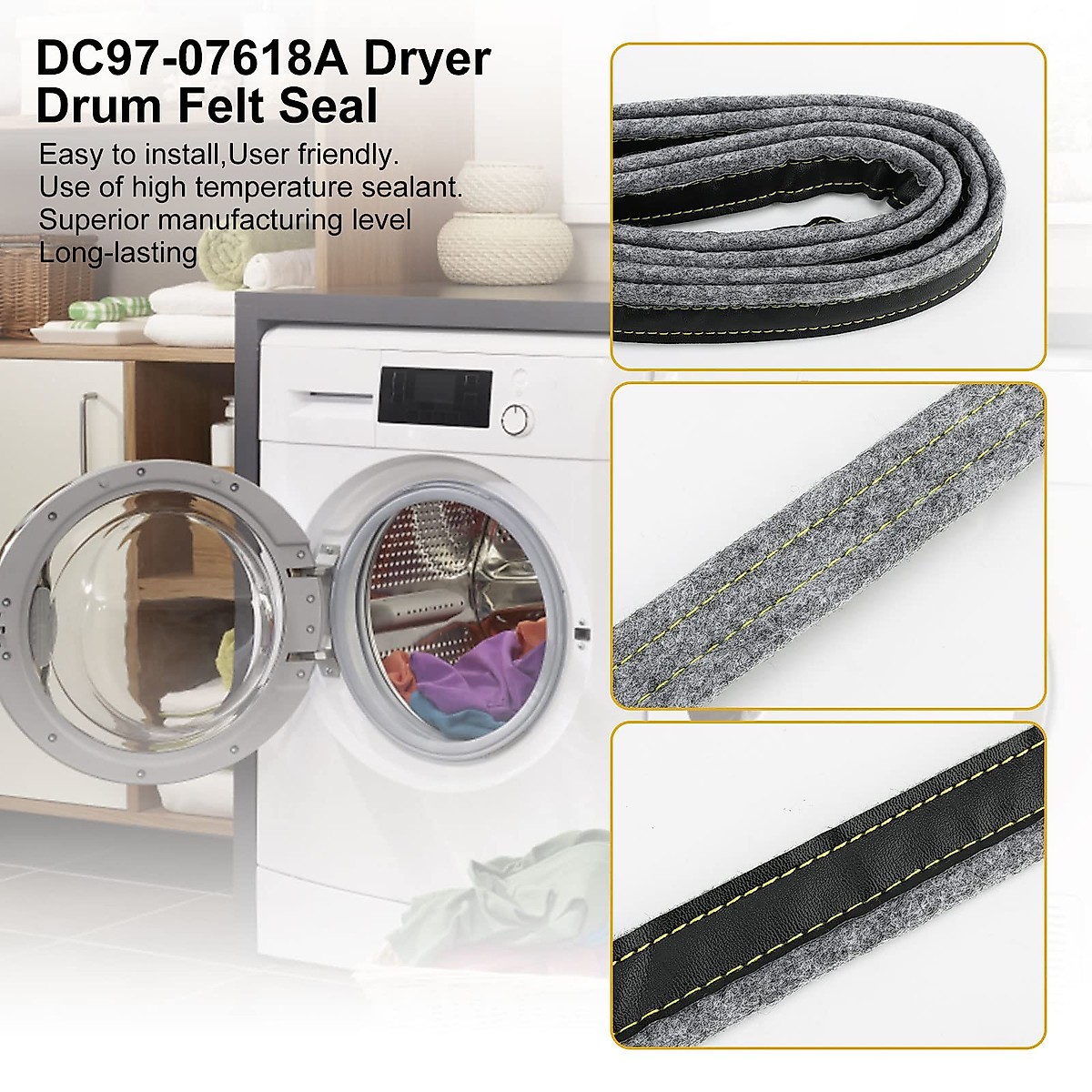 Upgraded DC97-07618A Dryer Drum Gasket Felt Seal Compatible with Samsung Dryer Replaces AP4453798,PD00025731,PS4218879,3998155,DV42H5200EW,DV42H5000EW,DV45K6500EV,DV48H7400EW-5 year warranty