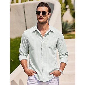 COOFANDY Men Striped Button Down Shirts Slim Fit Untucked Shirt Dress Shirt Jackets Light Green