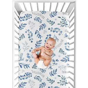 Sweet Jojo Designs Floral Leaf Boy or Girl Fitted Crib Sheet Baby or Toddler Bed Nursery - Blue Grey and White Boho Watercolor Botanical Flower Woodland Tropical Garden