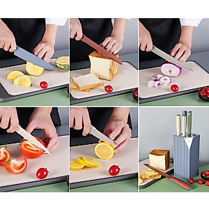 Knife Set, 6 Pcs Color-Coded Kitchen Knife Set with Block, 5 Color Anti-Rust Coating Stainless Steel Chef Knife Set, Super Sharp Kitchen Knives with Stand, Cooking Knives for Kitchen with Gift Box