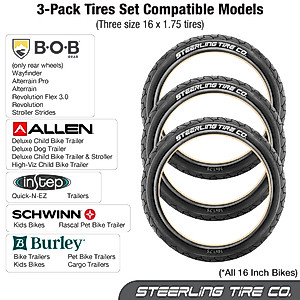 Three 16-Inch Tire Replacements for Jogging Strollers Like BOB Ironman & Bike Trailers Including Allen Sport, Burley and Instep (3-Pack) by Steerling Tire Co.