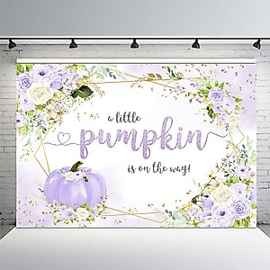 MEHOFOND 7x5ft Autumn Pumpkin Backdrop for Girl Baby Shower Purple Floral Baby Girl Party Decor A Little Pumpkin is On The Way Photography Background Gold Glitter Banner Photoshoot Props