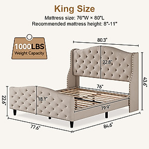 Amyove Tufted Upholstered Platform King Bed Frame with Headboard and Footboard, Velvet Platform Bed Raised Wing Back Headboard (Beige, King)