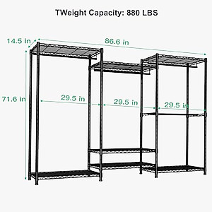 Ulif E8 Heavy-Duty Garment Rack, Freestanding Extra Large Clothes Rack with 7 Wire Shelves and 4 Hanger Rods, Closet Organizers and Storage System, 86.6"W x 14.5"D x 71.6"H, Max Load 880 LBS, Black